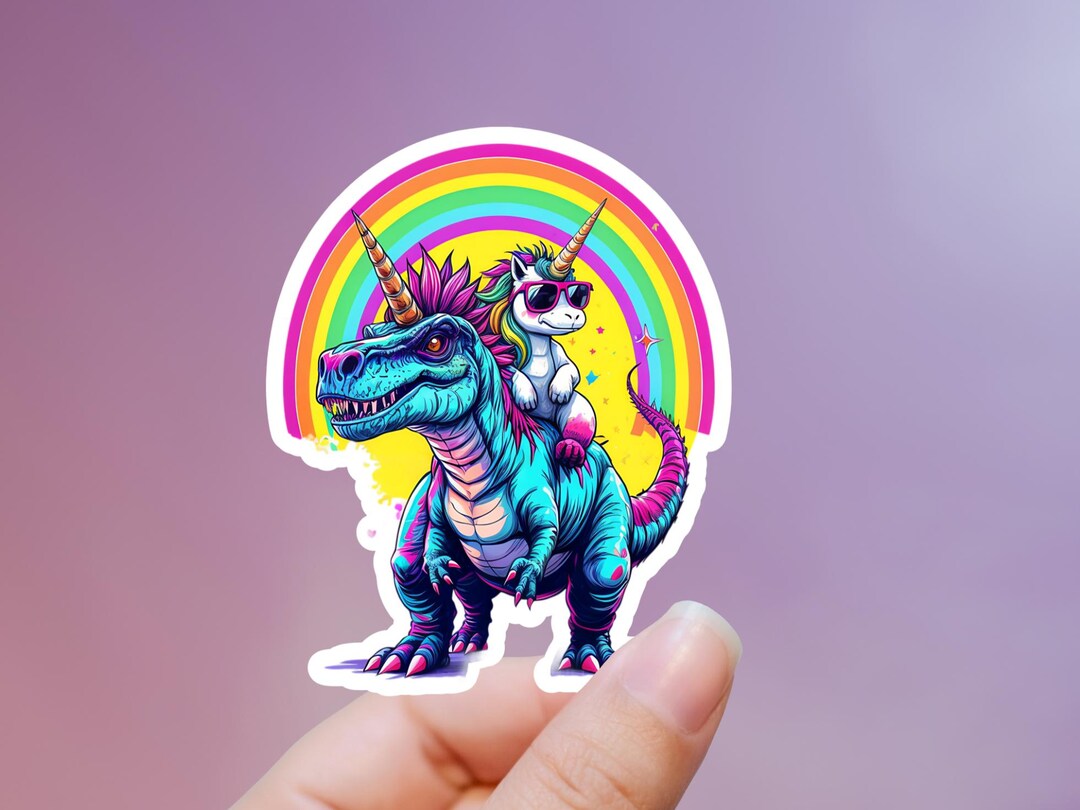 Rainbow Unicorn on Dinosaur Sticker, Dinosaur Sticker, Rainbow Sticker ...