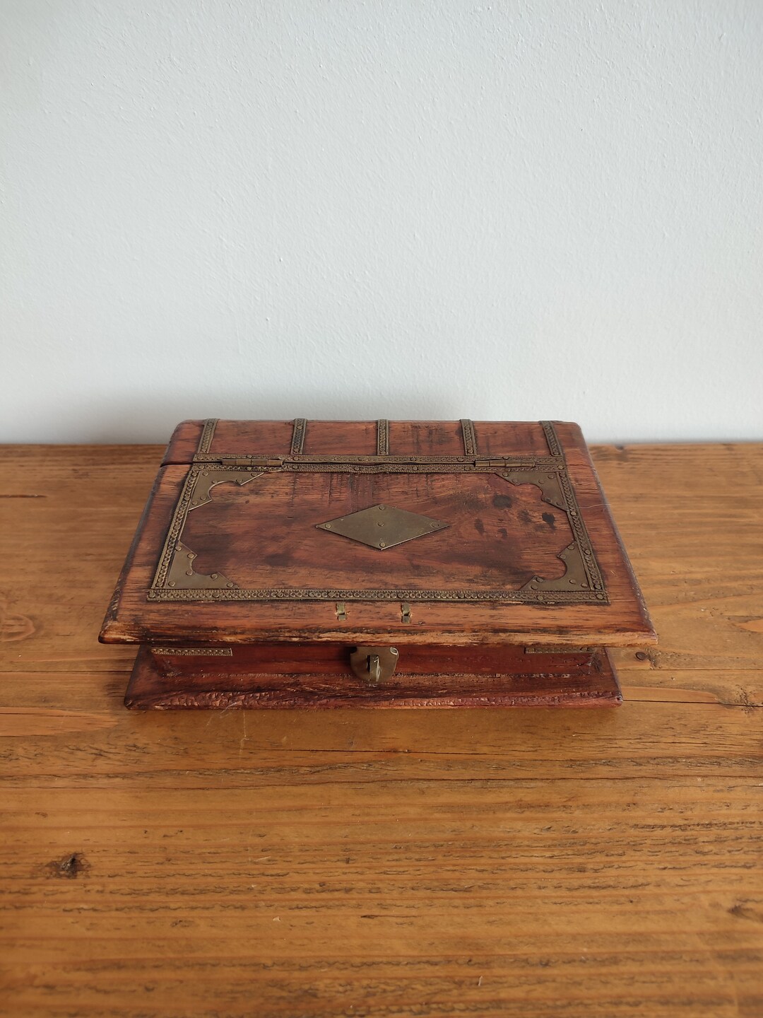 Vintage Wooden Small Book Shape Storage Box Original Hand Crafted Brass ...