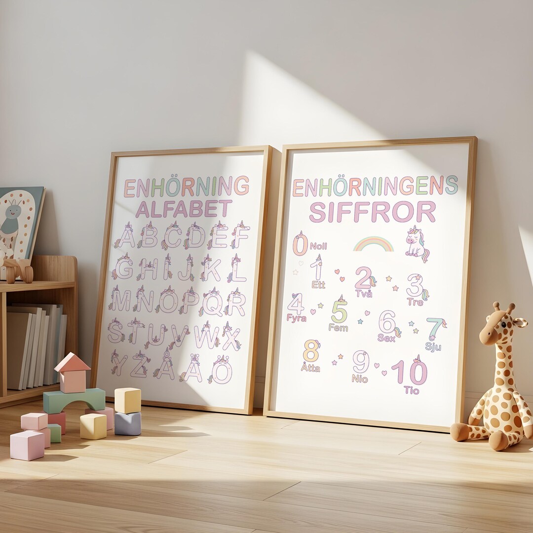 Swedish Unicorn Alphabet & Numbers Posters, Scandinavian Preschool ...