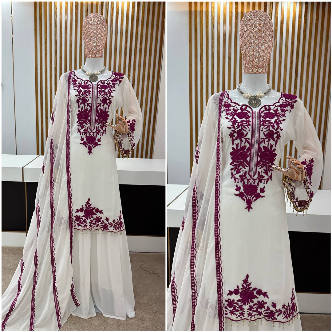 Pakistani White Sharara Gharara Set, Heavy Ruffle Embroidery, Party ...