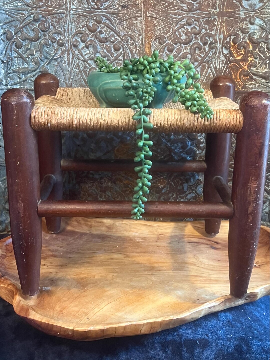 Vintage Wood & Rush Top Foot Stool; Wood and Jute Step Stool; Bohemian ...
