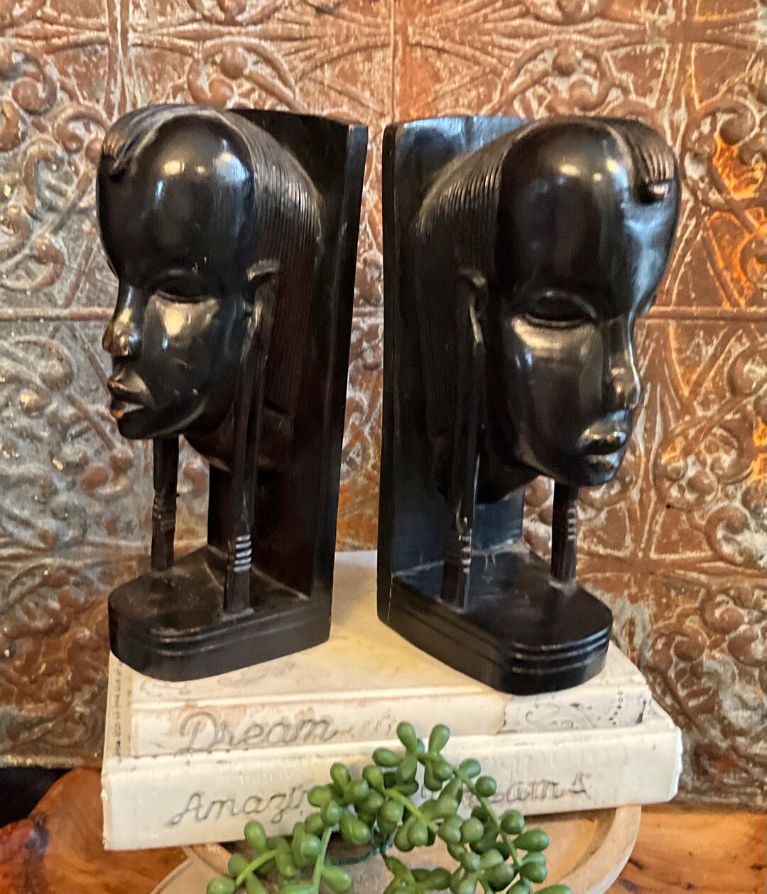 Vintage Pair of Hand Carved Bookends; Tanganyika Pair of Ebony Wood ...
