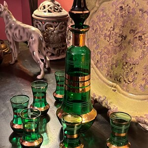 Green Bohemian Crystal Bar Set With Gold Detail; Decanter With Stopper ...