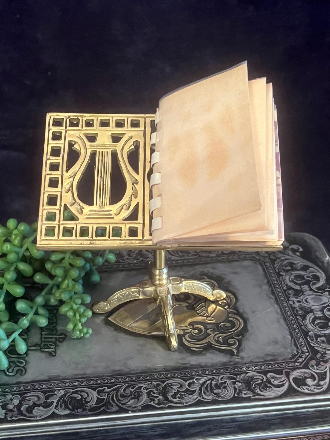 Vintage Miniature 5.5” Tall Brass Lyre Photo Album Display Stand; Small ...