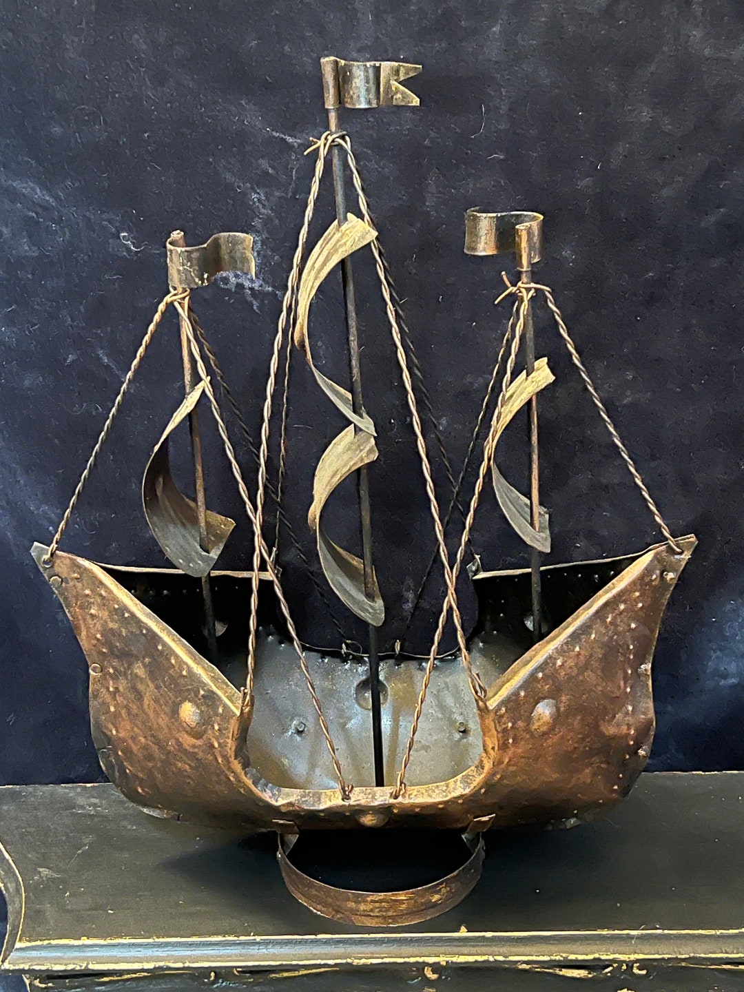 Large 23” Vintage Brutalist Hand Wrought Metal Galleon Pirate Ship ...