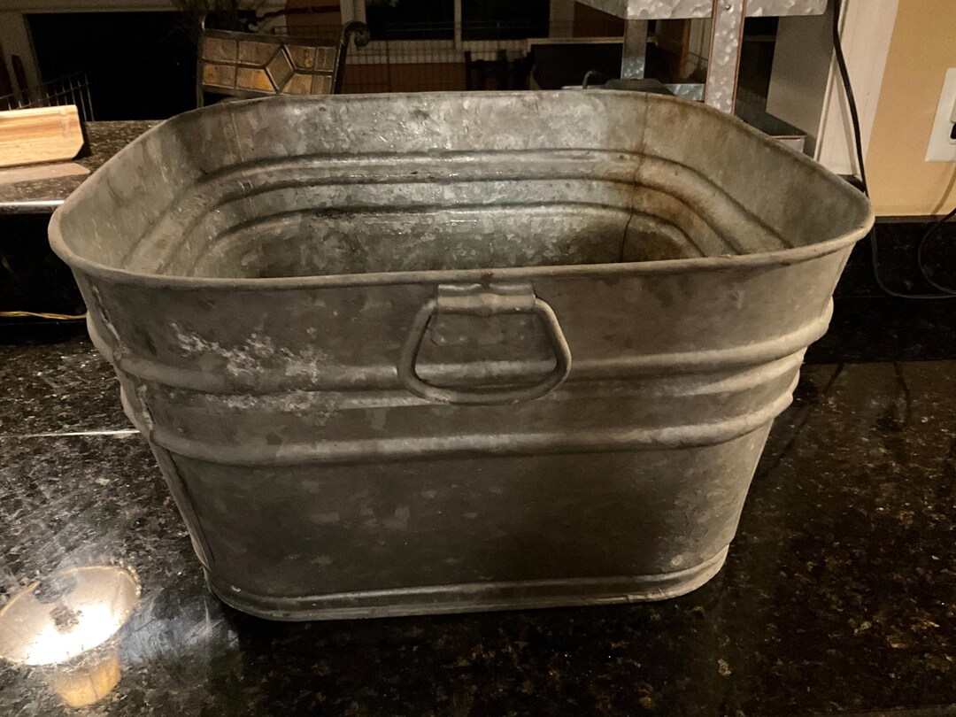 Large 20” Wheeling Square Galvanized Wash Tub; Farmhouse Garden Planter ...