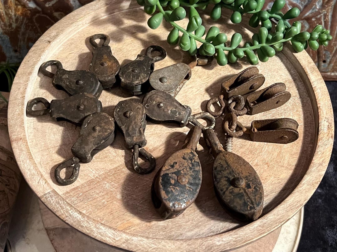 Set of 13 Vintage Small Metal Pulleys; Three Different Sizes; Farmhouse ...
