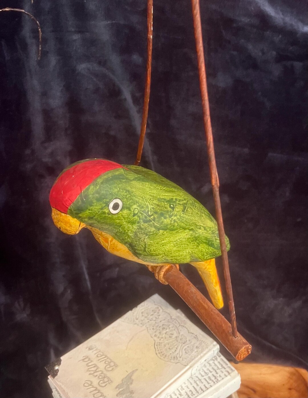 Vintage Paper Mache Bird on Hanging Perch; Unmarked, Hand-painted Folk ...