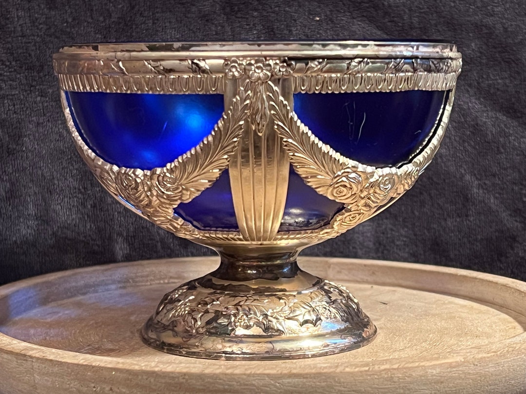 Vintage Cast Metal Chalice/vessel/bowl With a Gorgeous Cobalt Glass ...
