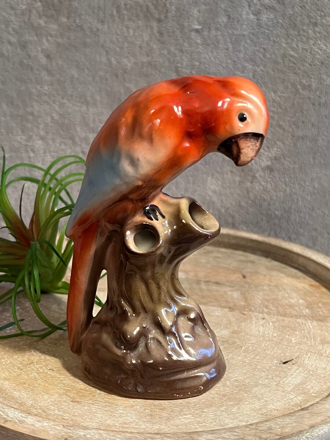 Vintage Czech Red/blue Winged Parakeet on Brown Stump Flower Frog; Bud ...