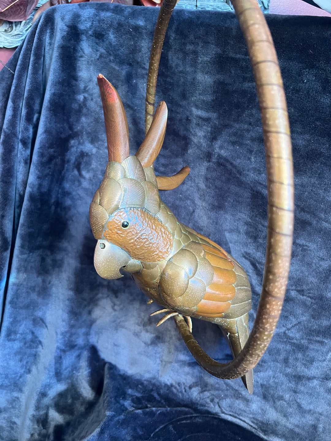 Large Brass and Copper Cockatoo Perched on a Ring; 20” Long Metal Bird ...