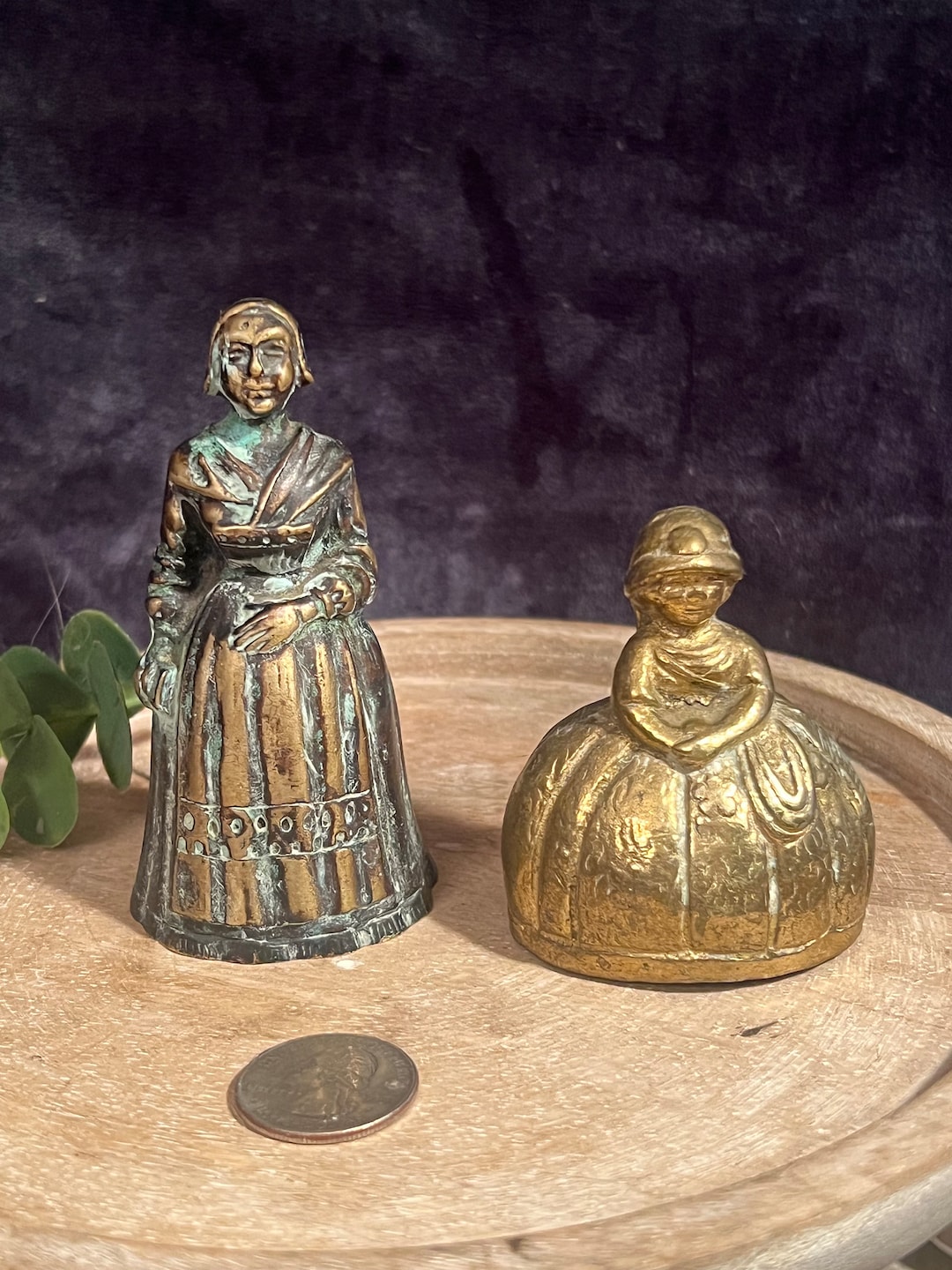 Charming Vintage Brass Figural Lady Bells; Colonial Maiden Female ...