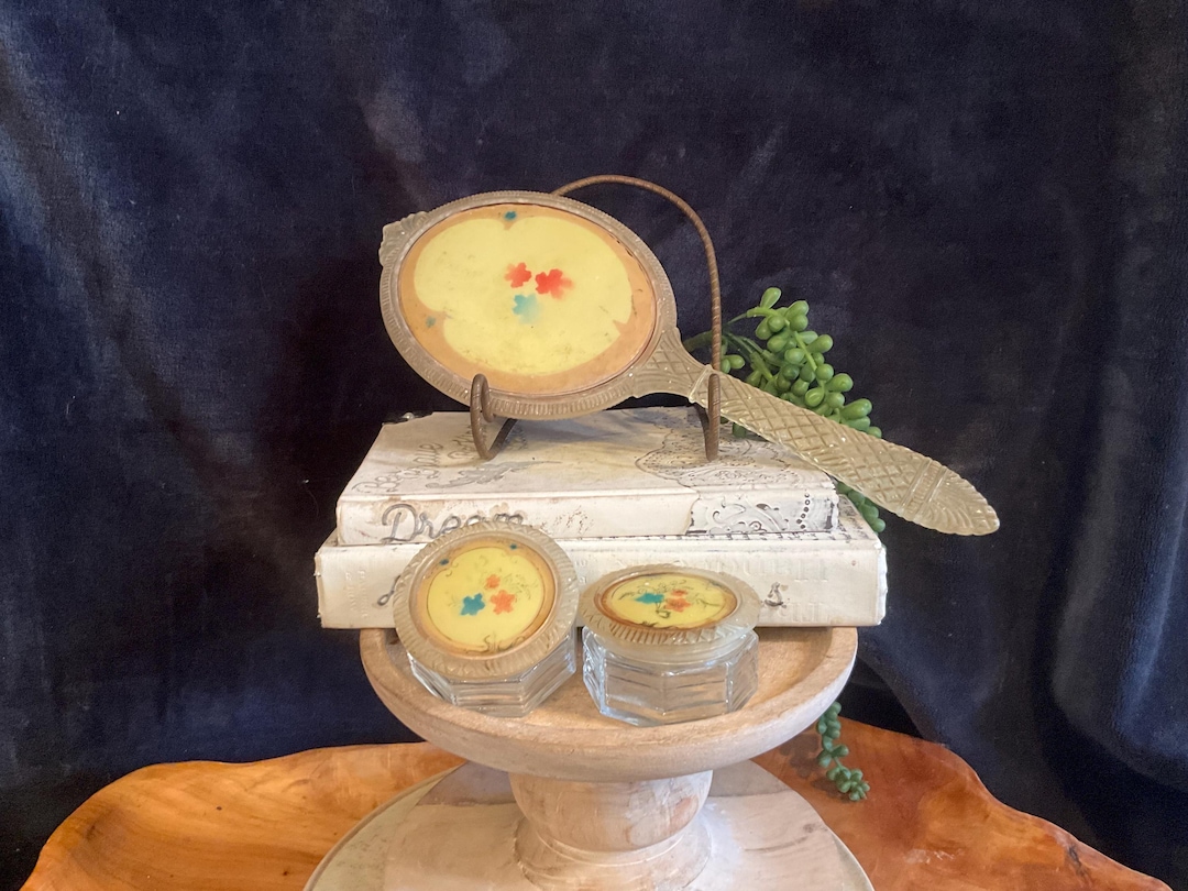 Vintage MCM Celluloid Vanity Hand Mirror and Powder Boxes; Dressing ...