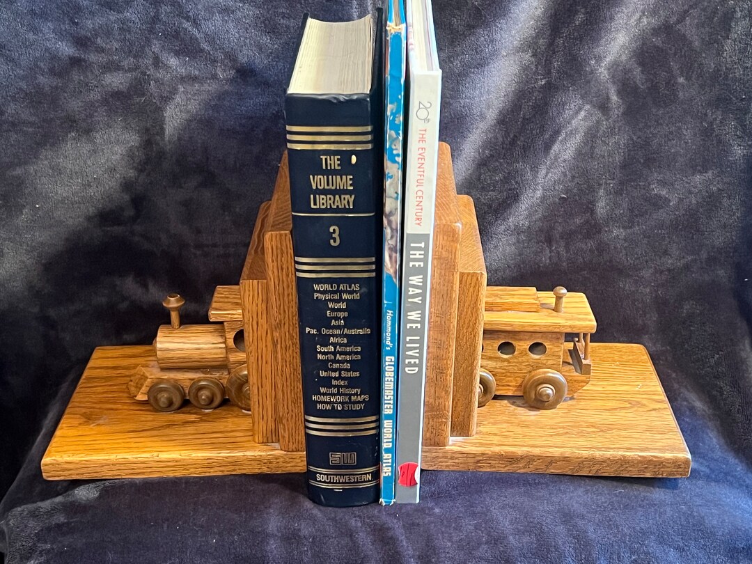 Vintage Wooden Oak Train Bookends; Locomotive and Caboose Going Through ...