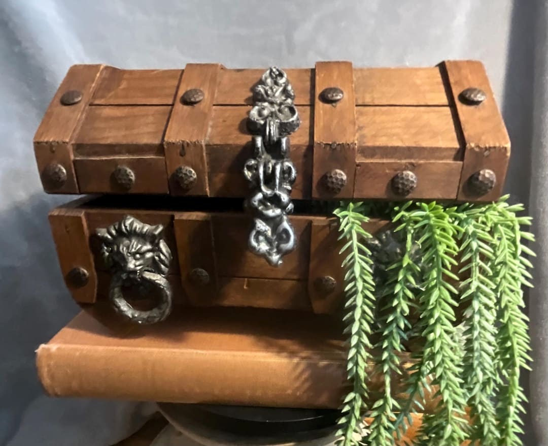 Vintage Wood Treasure Chest With Lion Head Pulls, Decorative Storage ...