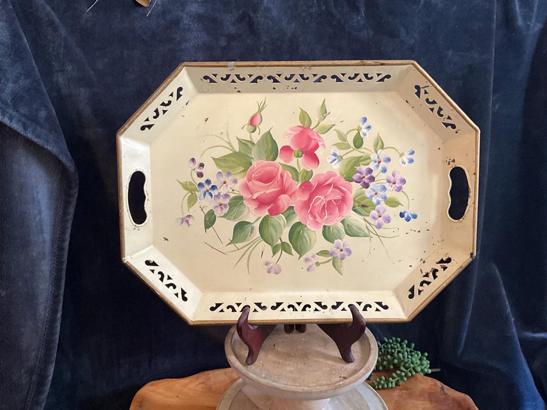 Vintage Creamy White Tole Hand Painted 18” Tray; Handpainted Shabby ...