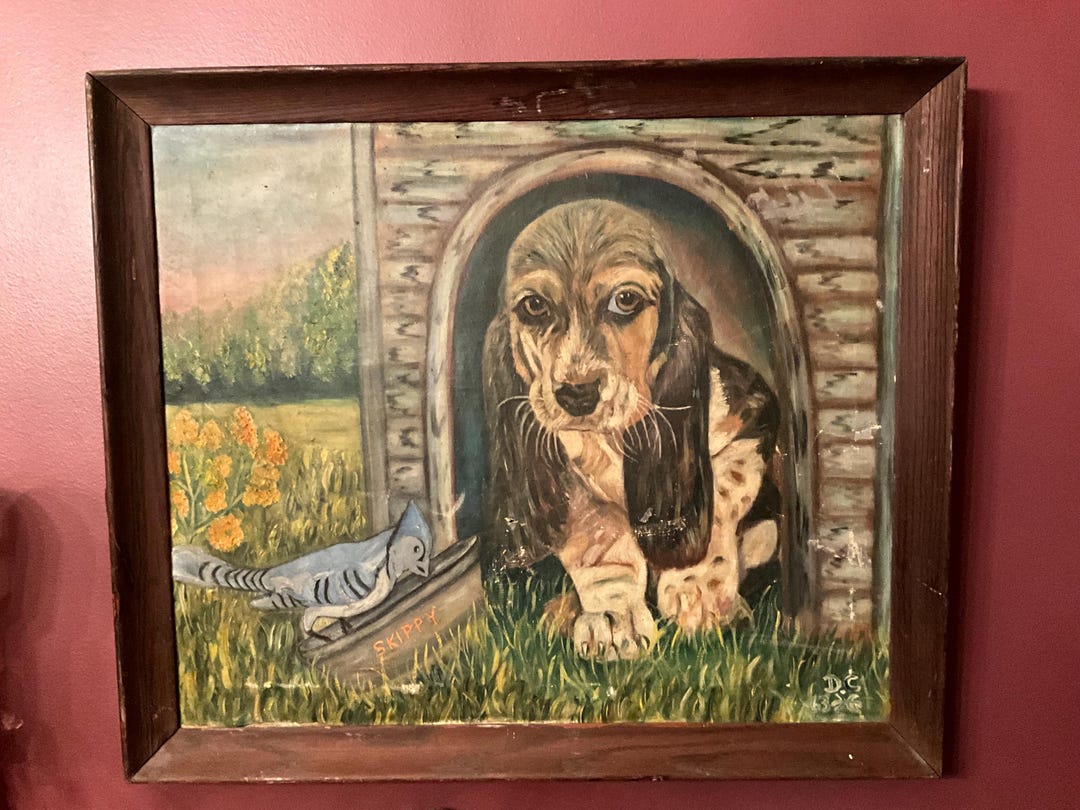 Vintage Bassett Hound Oil Painting, Dog & Blue Jay Art, Signed D.C. '63 ...