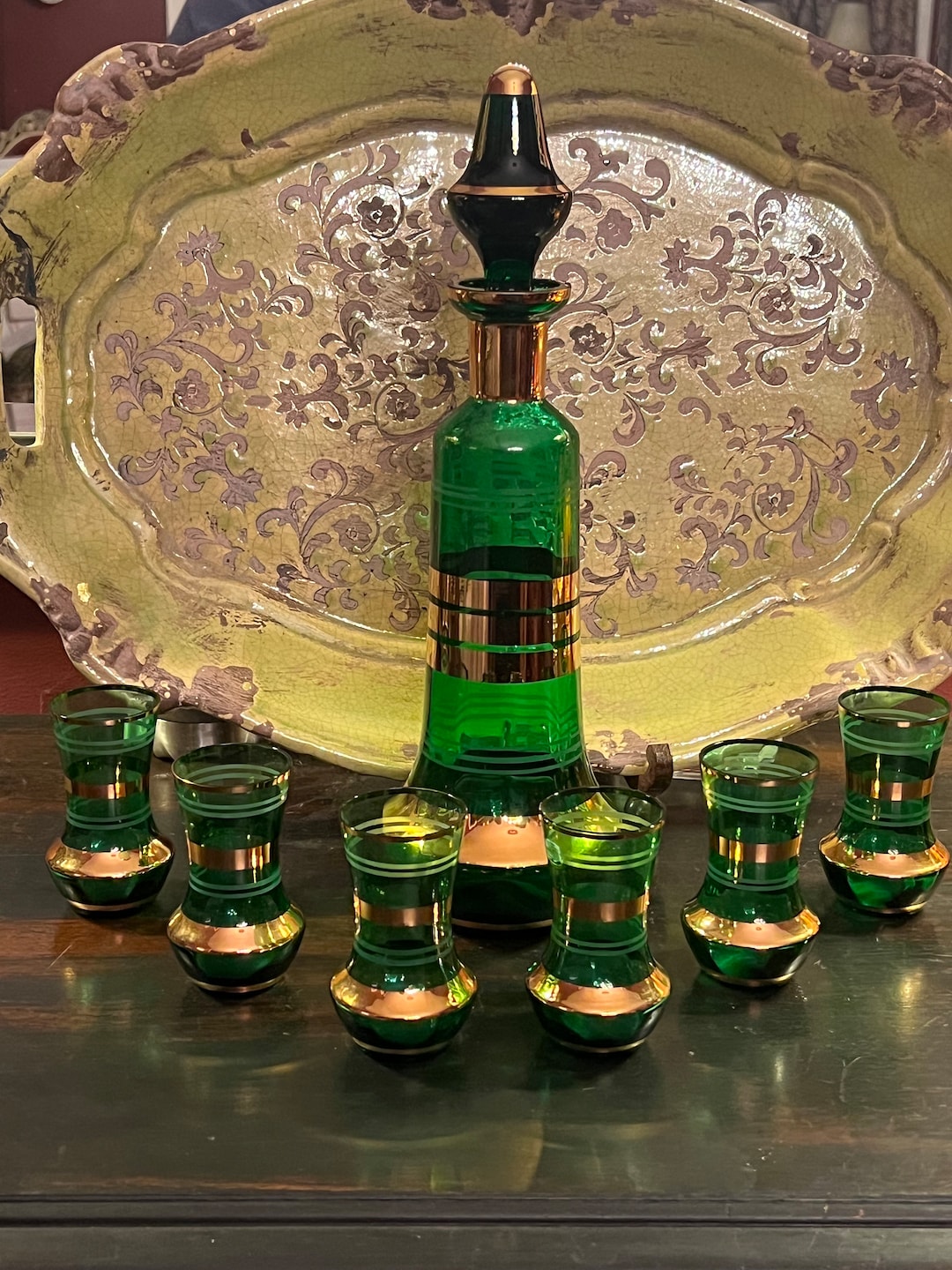 Green Bohemian Crystal Bar Set With Gold Detail; Decanter With Stopper ...