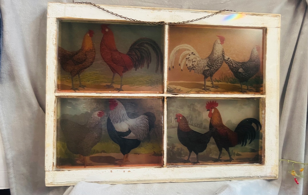 Repurposed Vintage 4 Pane Window With Chicken and Rooster Images ...