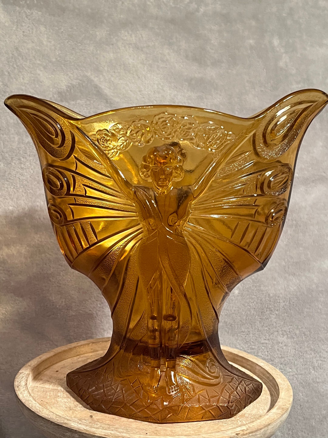 Dame Papillon Art Deco Belgian Amber Glass Vase; Butterfly Lady Vase ...