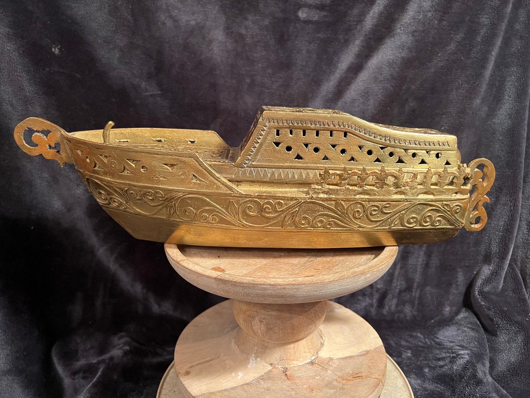Very Cool Old Solid 15” Brass Ship; Possibly an Incense Burner or ...
