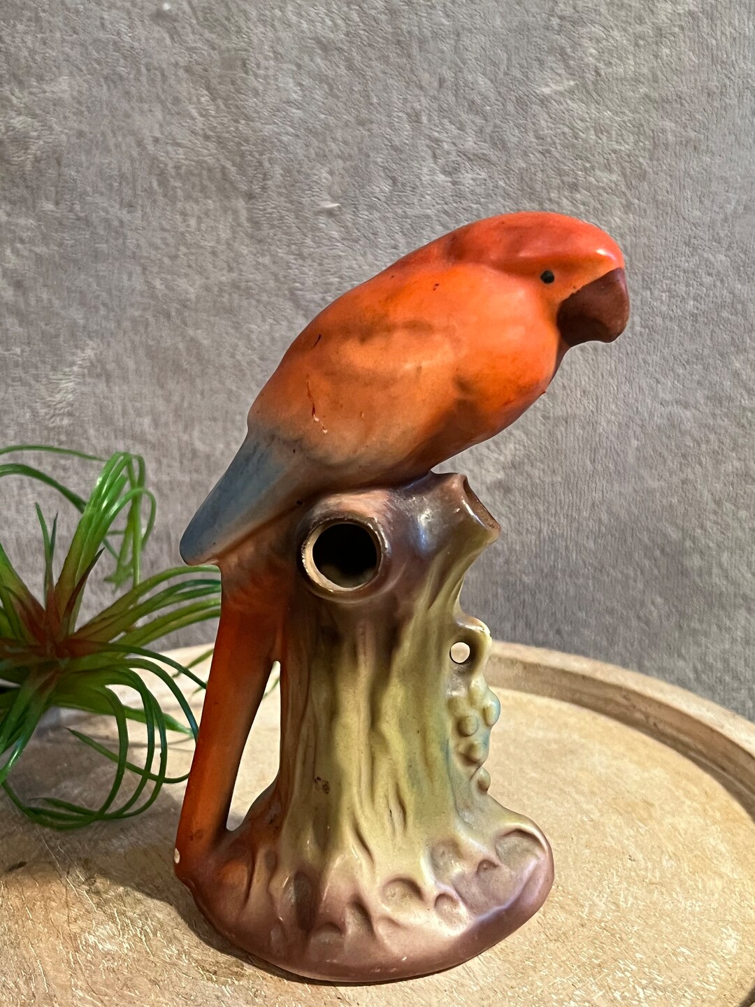Vintage Czech Red/blue Winged Parakeet on Green Stump Flower Frog; Bud ...