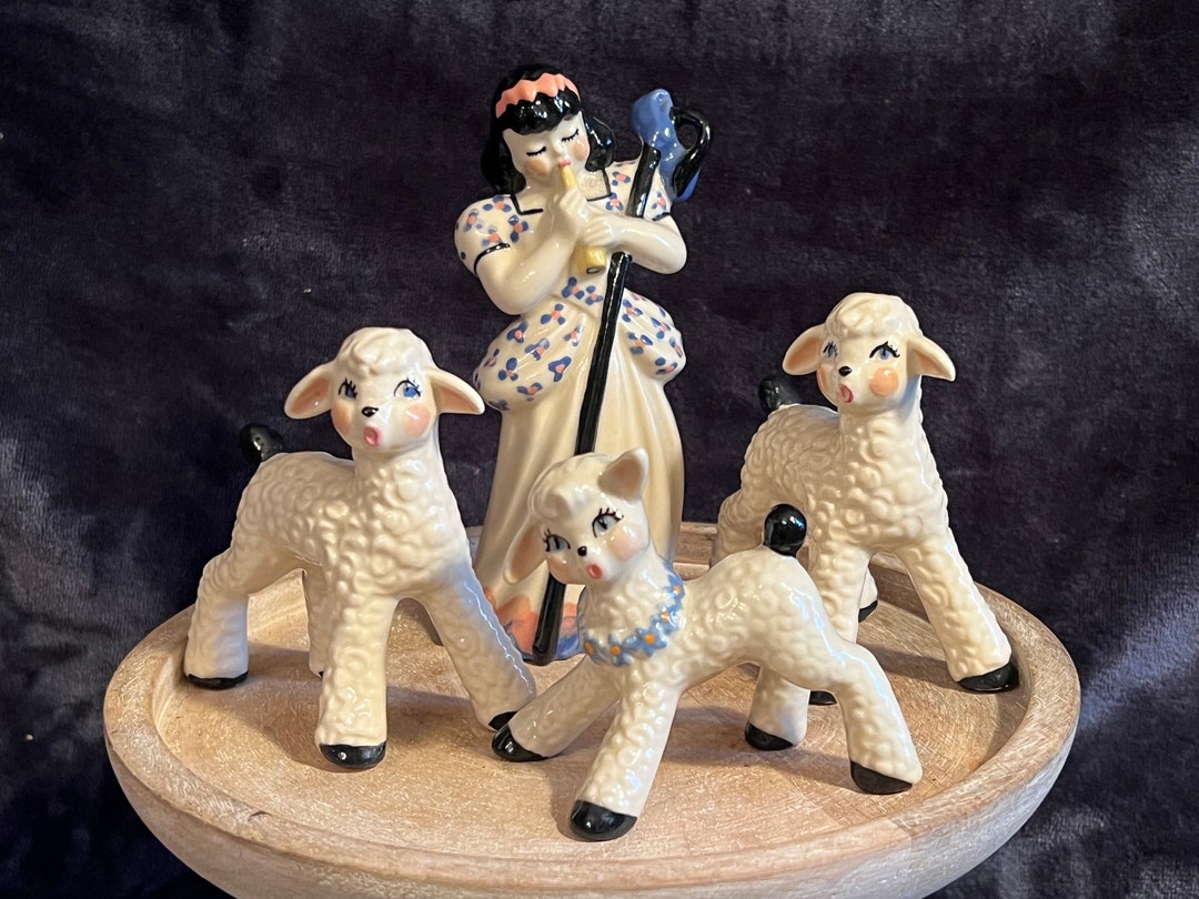 Vintage Little Bo Peep/mary Had a Little Lamb Figurine and 3 Sheep Set ...