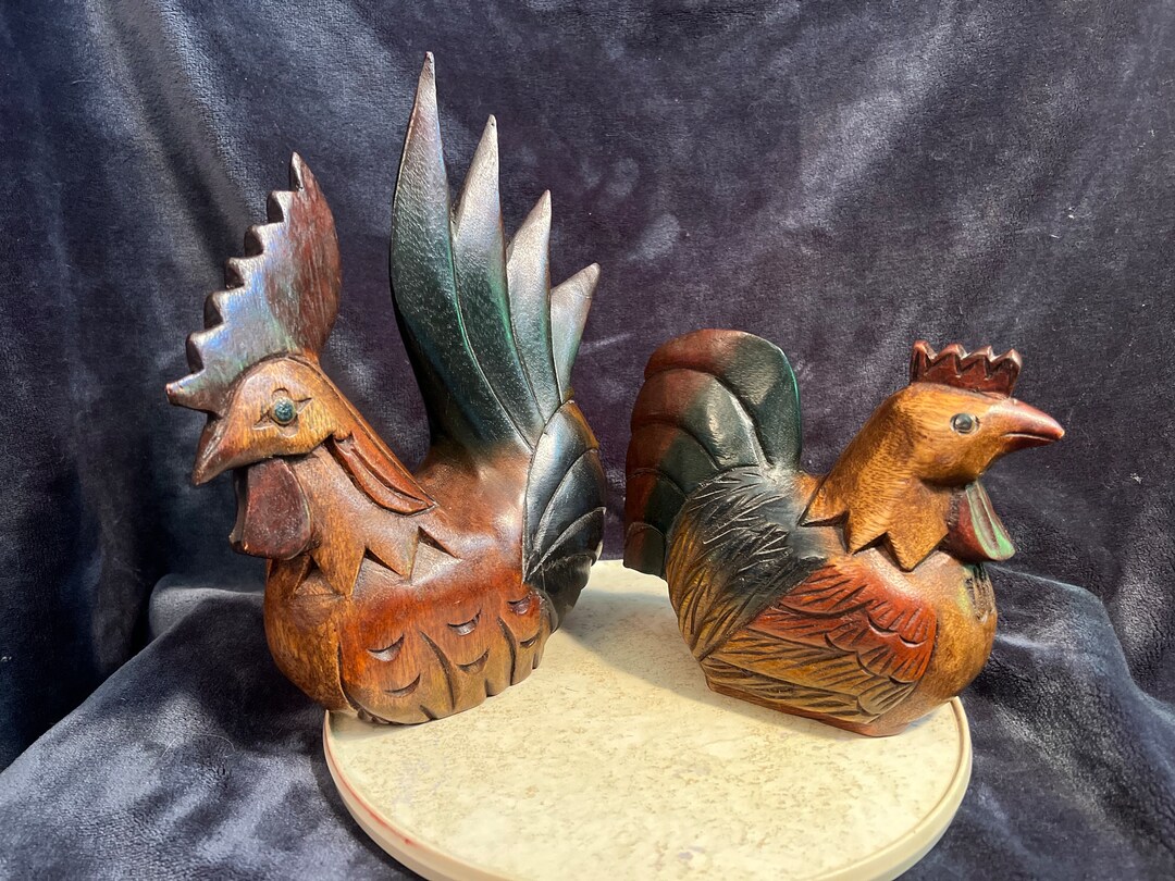 Wooden Rooster & Hen Set; 10.75” Wooden Farmhouse Cockerel; Rustic ...