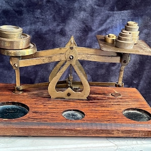 Vintage English Postal Scale With 12 Weights; Brass & Mahogany ...