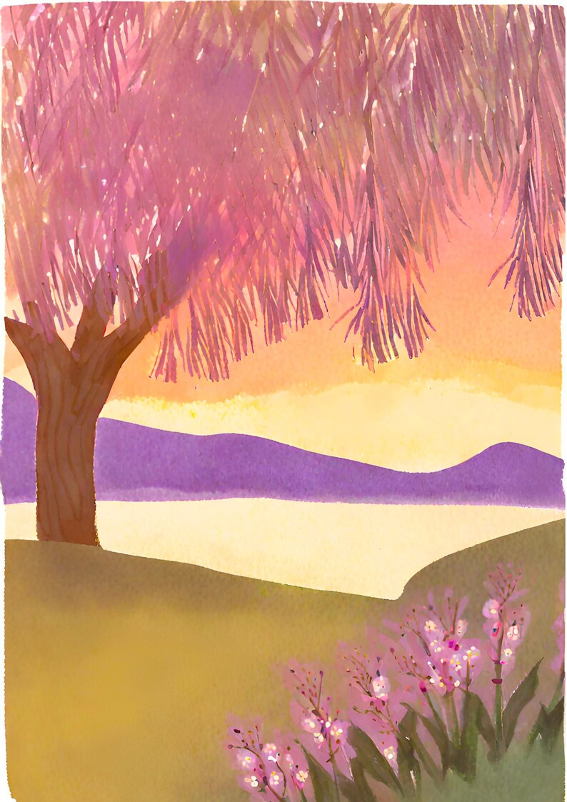 Weeping Willow at Sunset Original Watercolour Art Digital Art Print ...