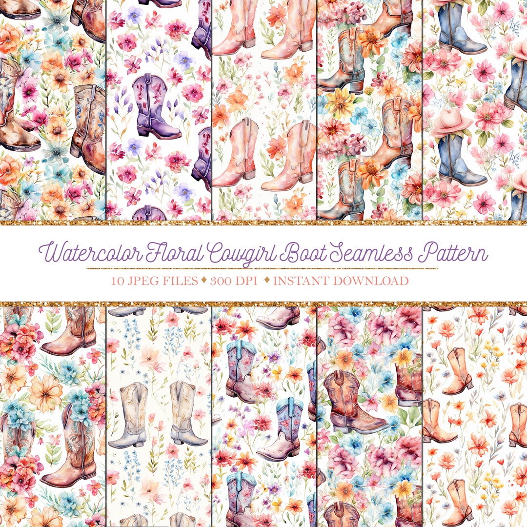 Watercolor Floral Cowgirl Boot Seamless Patterns - Digital Paper - PNG ...
