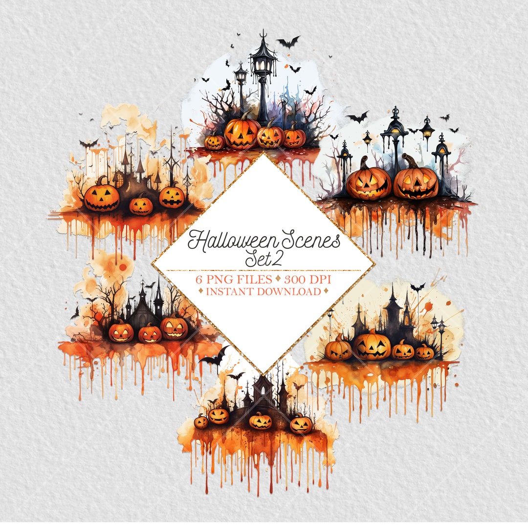 Watercolor Halloween Jack-o-lantern Scene Clip Art - PNG - Instant ...