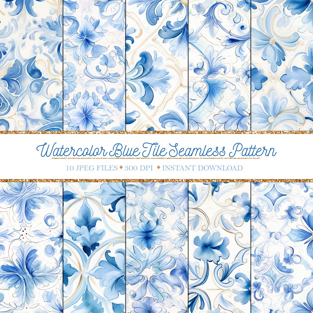 Watercolor Blue Floral Tile Seamless Patterns - Digital Paper - PNG ...