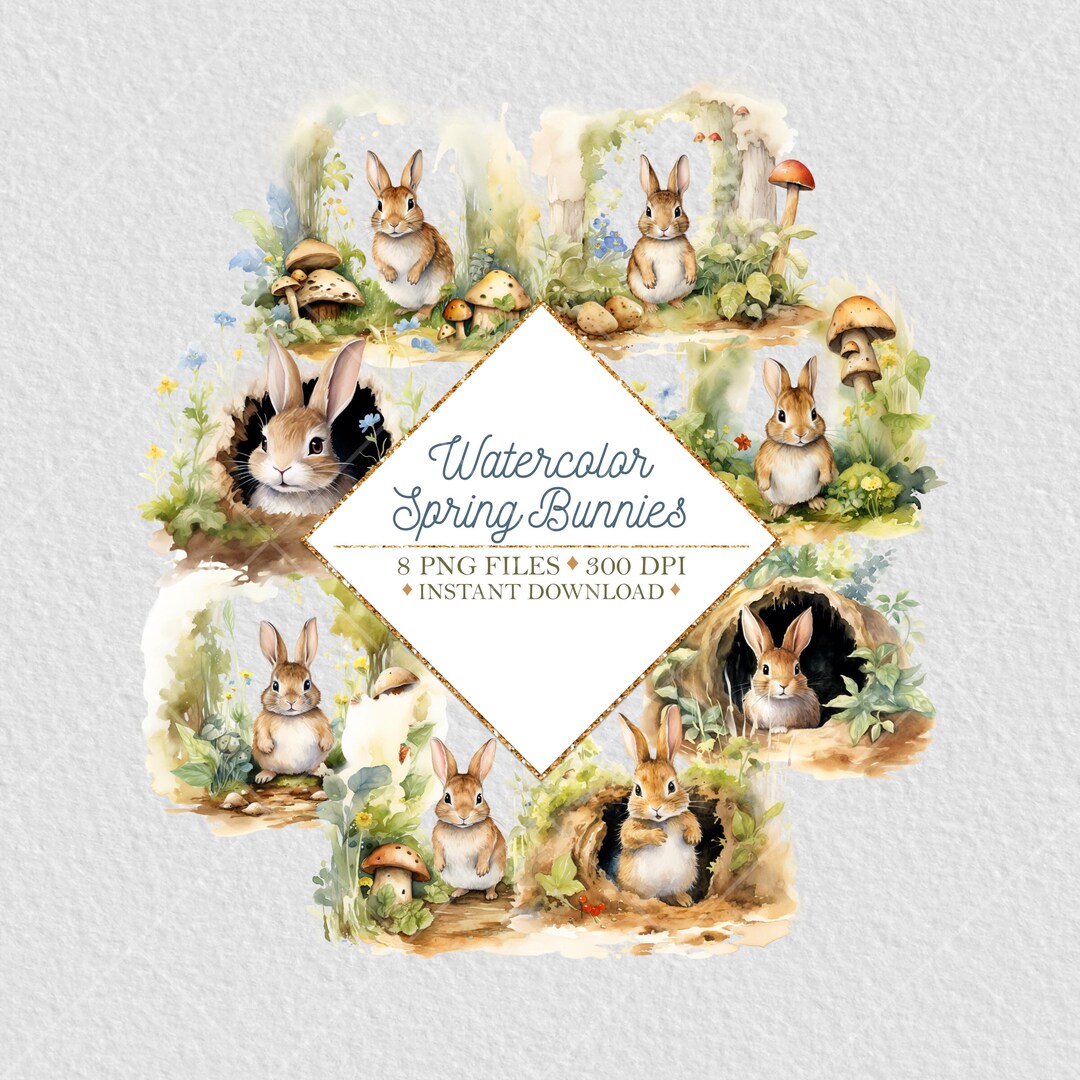 Watercolor Easter Spring Bunny - Clip Art - PNG - Instant Download - Etsy
