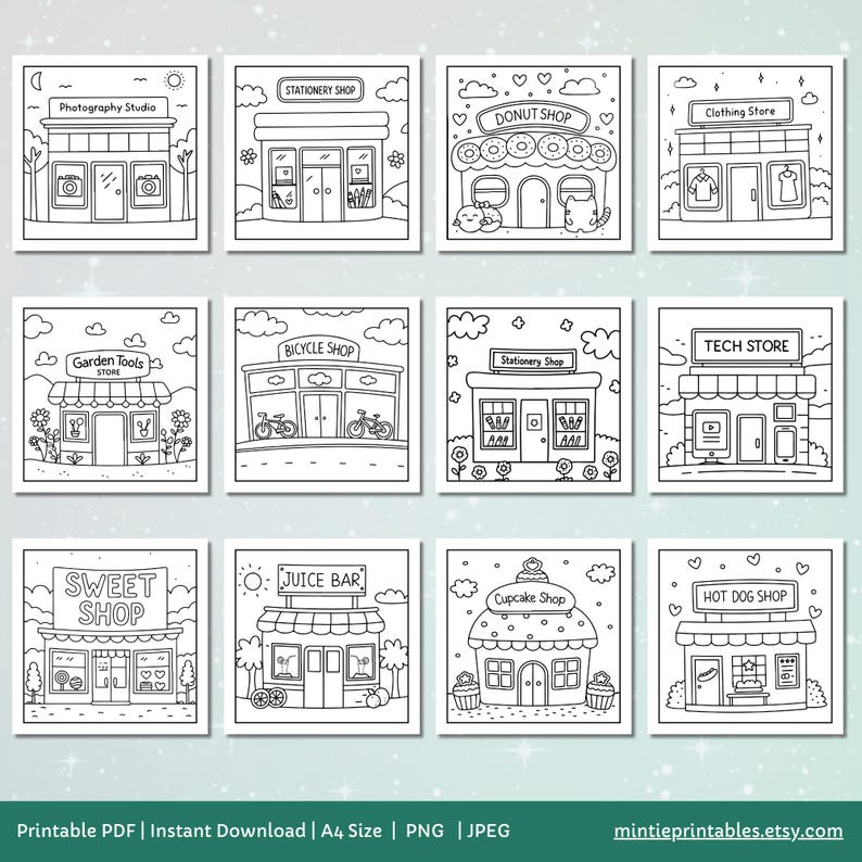 Kawaii Town Storefronts Coloring Pages for Adults, Cute Shop Coloring ...