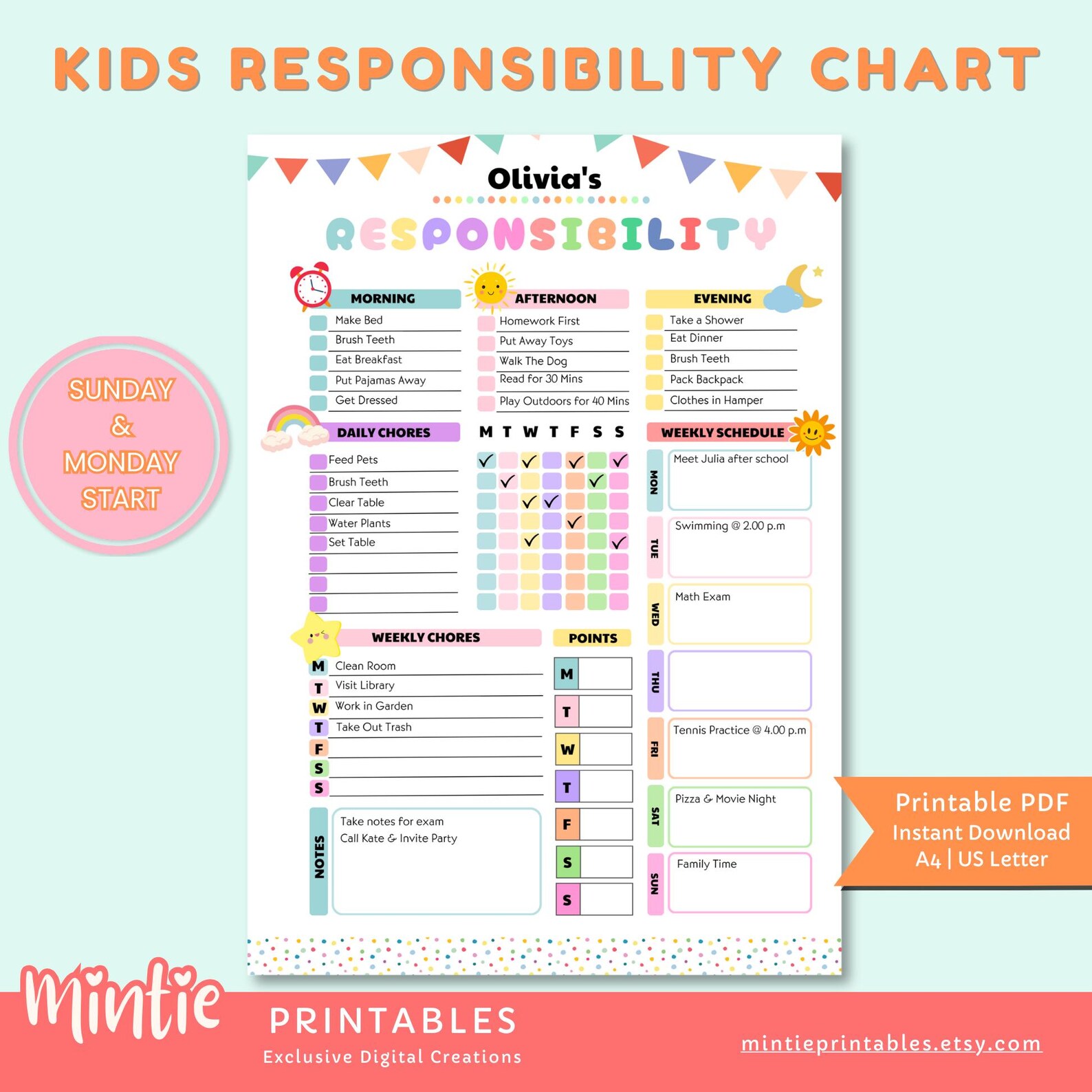 Responsibility Chore Chart for Kids Printable Kids Weekly Schedule Kids ...