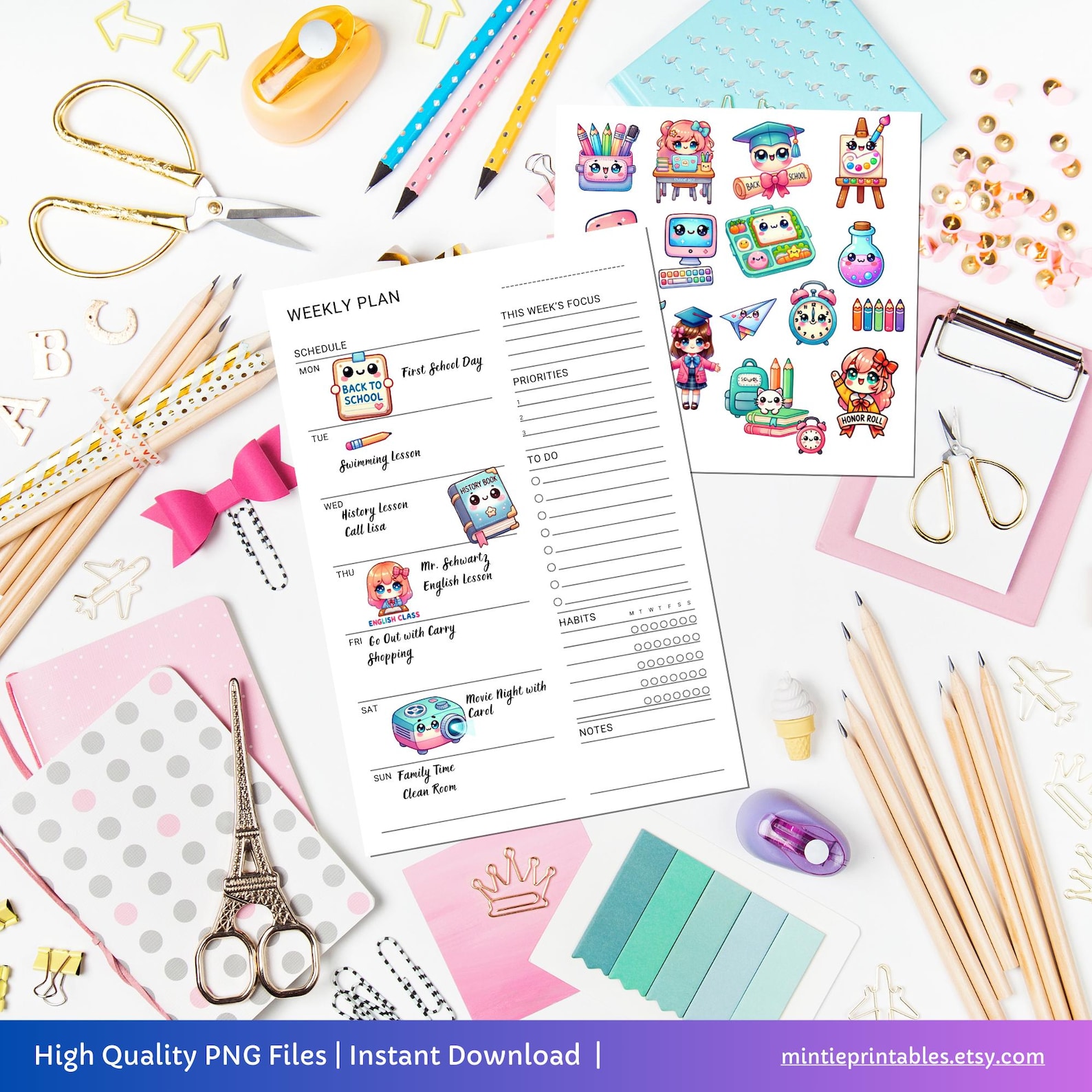 Kawaii School Supply Clipart: 100 PNG Graphics (digital Download) - Etsy