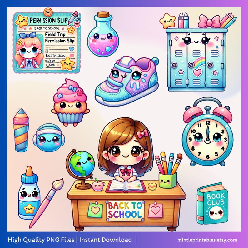 Kawaii School Supply Clipart: 100 PNG Graphics (digital Download) - Etsy