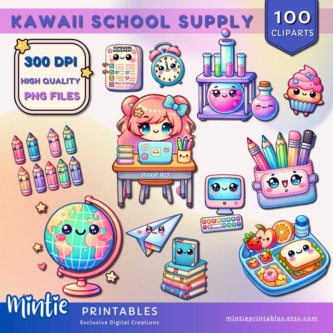 Kawaii School Supply Clipart: 100 PNG Graphics (digital Download) - Etsy