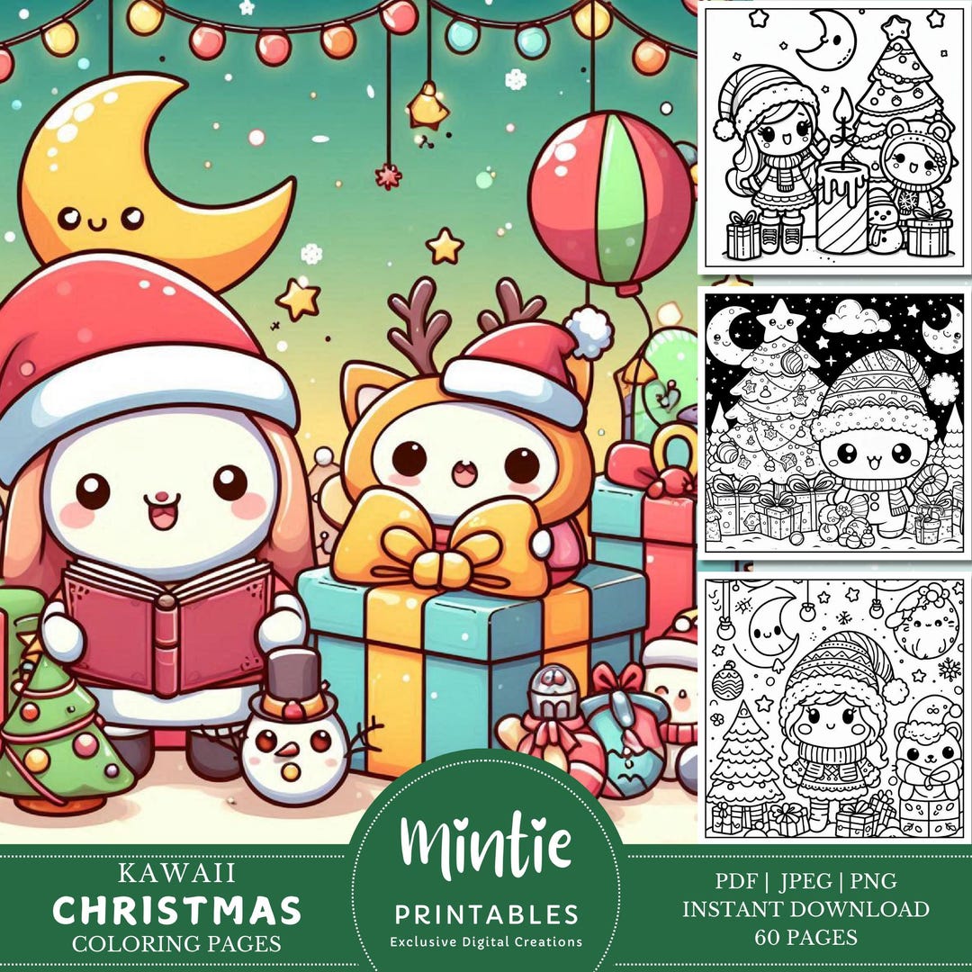 60 Kawaii Christmas Coloring Pages, Printable Book (PDF A4 Size - Etsy
