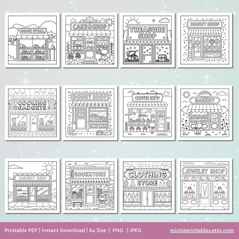 Kawaii Town Storefronts Coloring Pages, Cute Shop Coloring Book, Bold ...
