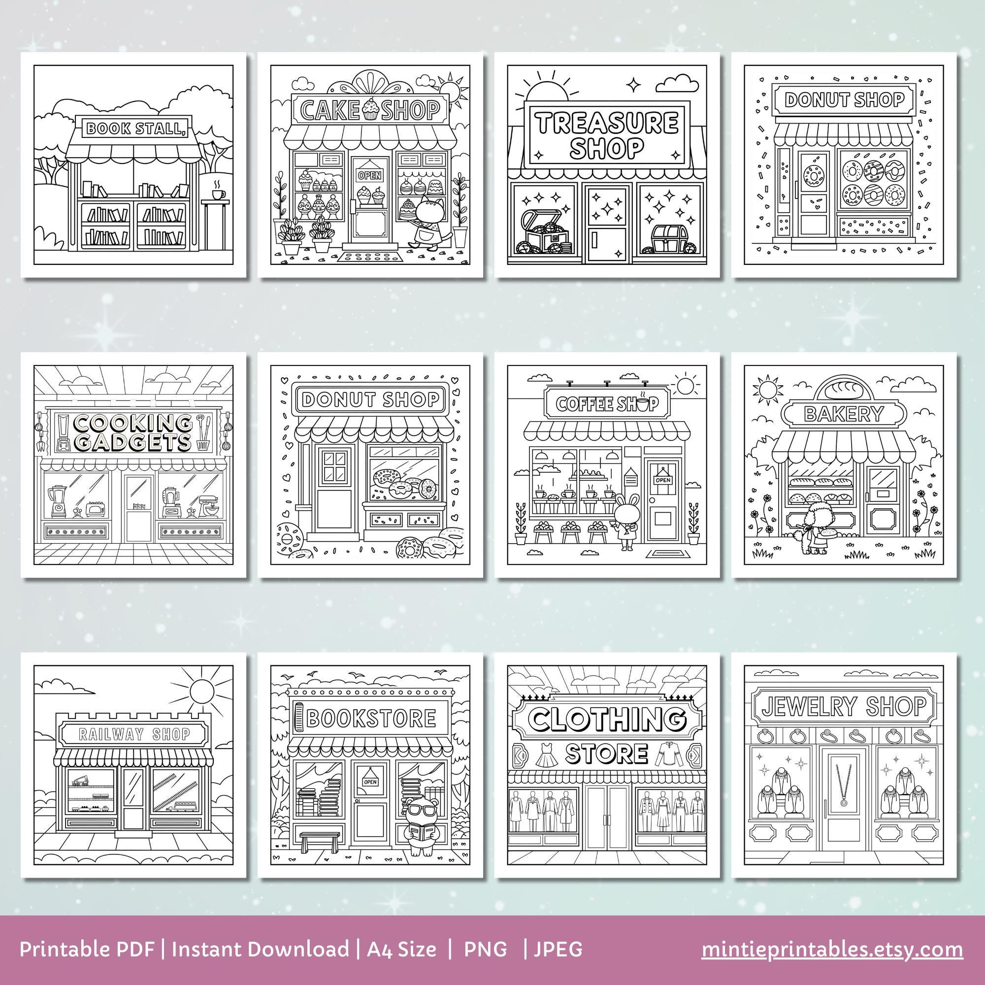 Kawaii Town Storefronts Coloring Pages, Cute Shop Coloring Book, Bold ...