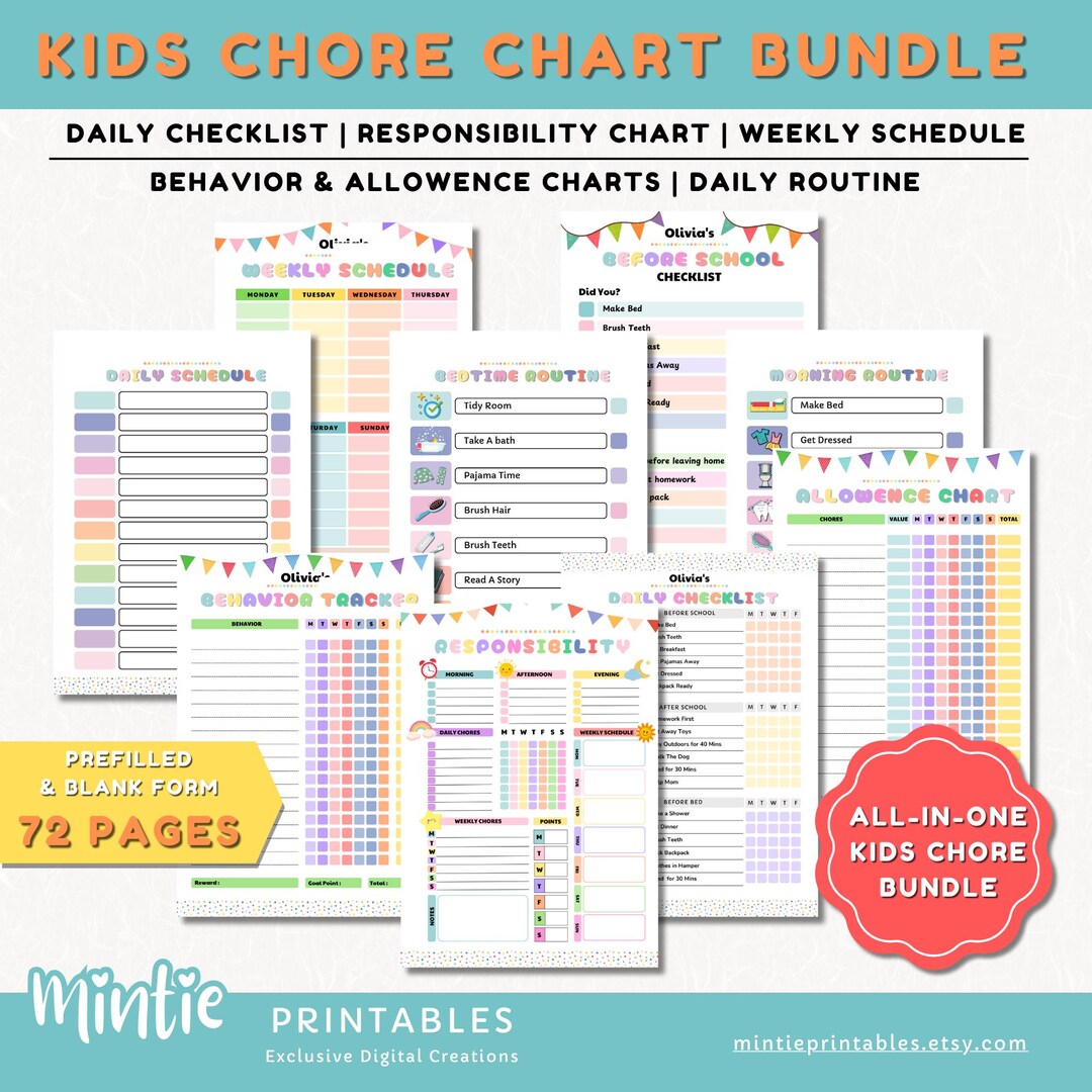 Kids Chore Chart Bundle: Daily & Weekly Routine Planner (digital ...