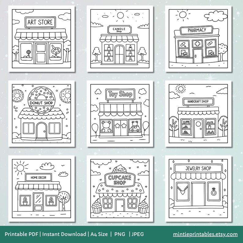 Kawaii Town Storefronts Coloring Pages for Adults, Cute Shop Coloring ...