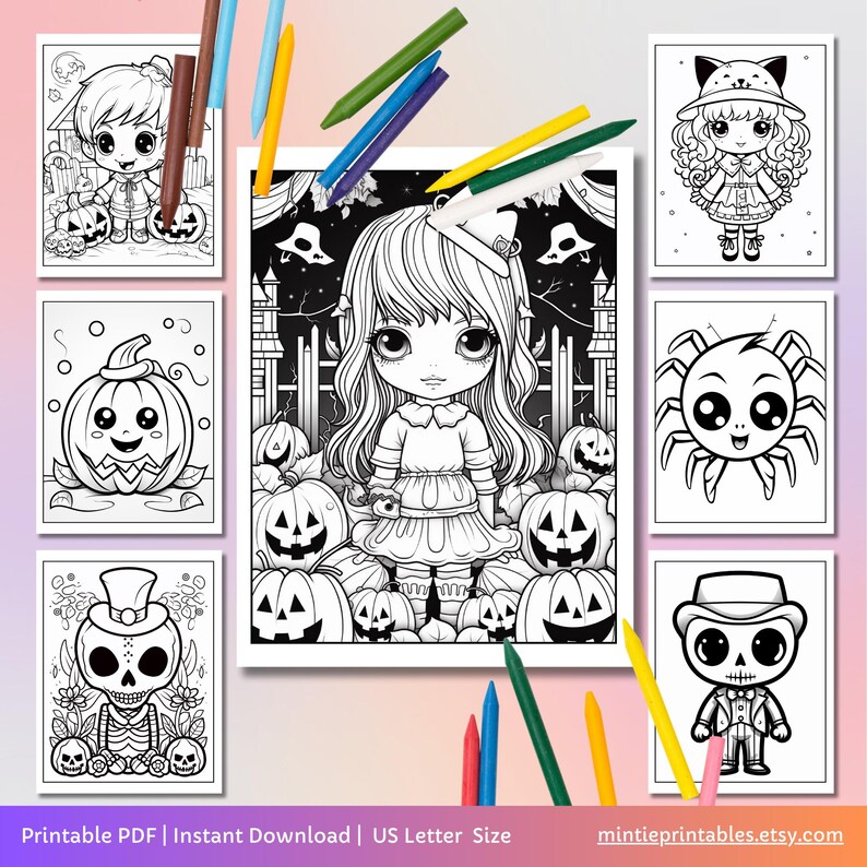 Kawaii Halloween Coloring Pages, 60 Pages, Cute Coloring, Creepy Kawaii ...