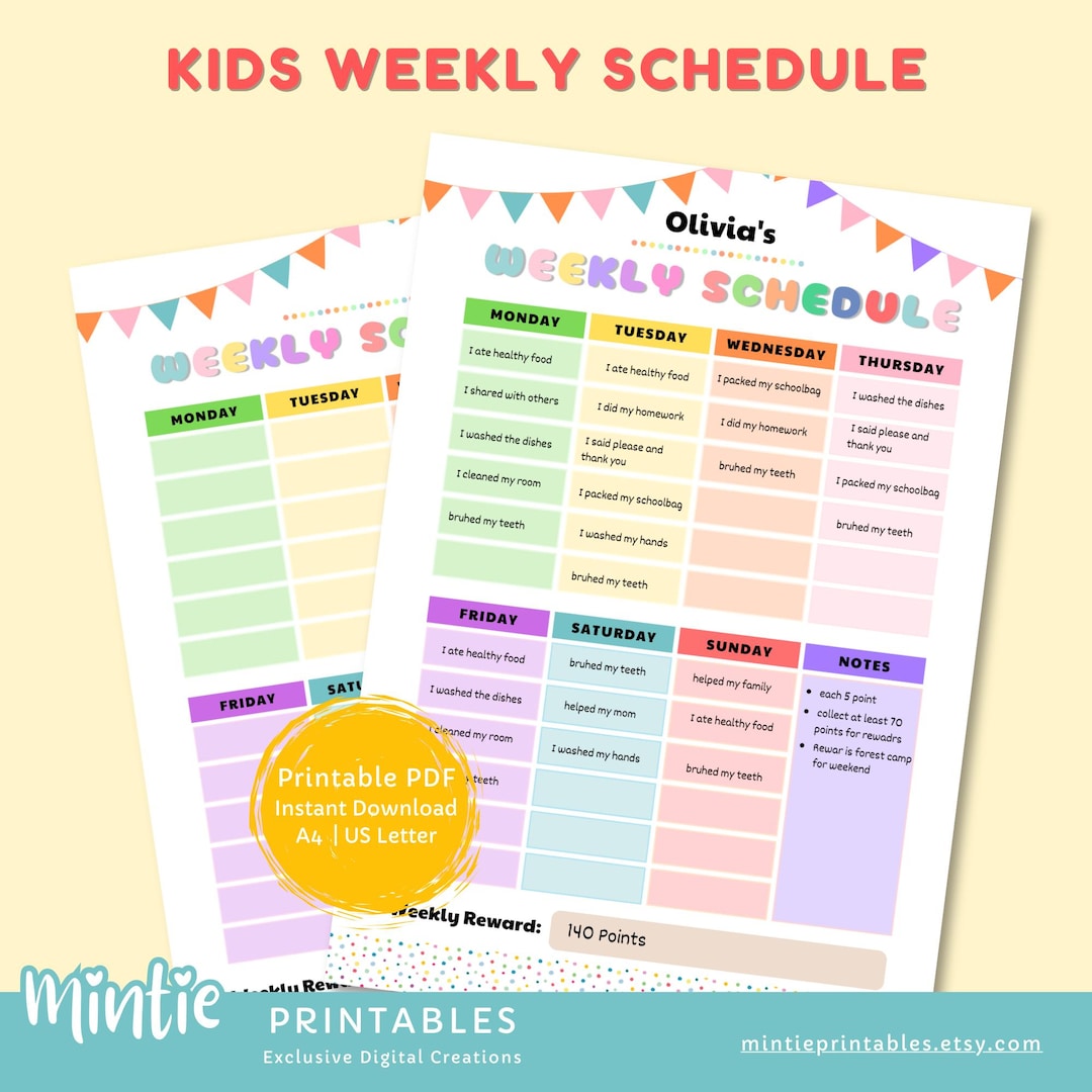 Kids Weekly Schedule: Routine Chart, Homeschool Planner (digital PDF ...