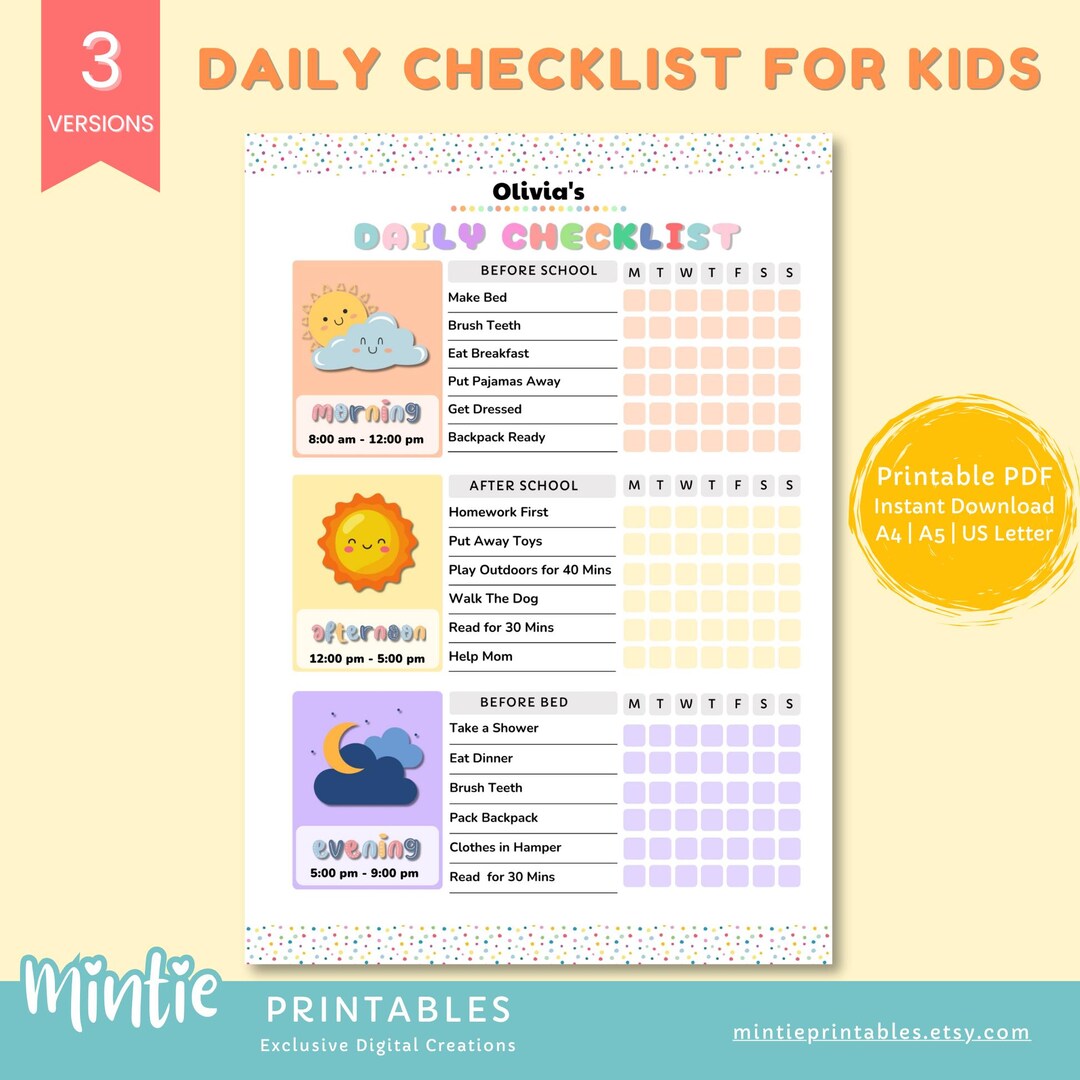 Kids Daily School Checklist Schedule Printable, Editable Chore Chart ...
