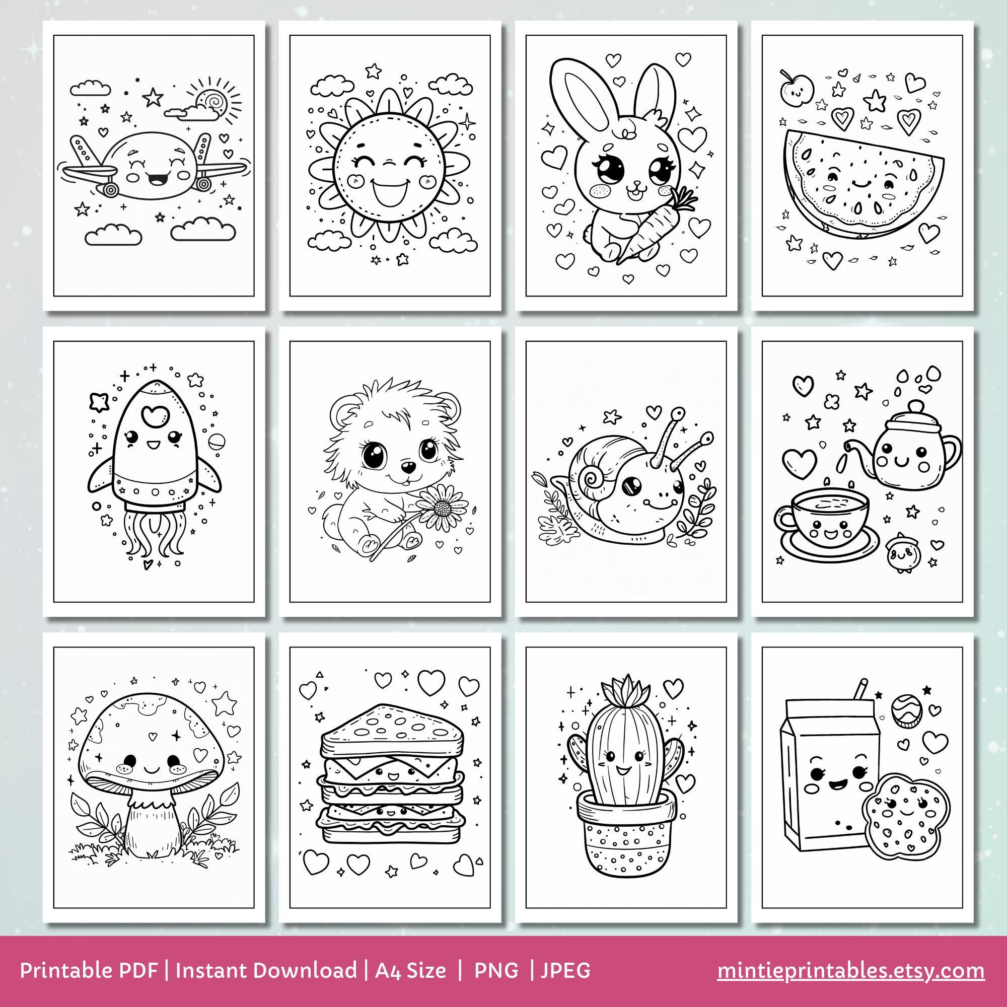 Kawaii Food & Animals Coloring Book | 120 Bold Easy Pages (PDF A4 Size ...