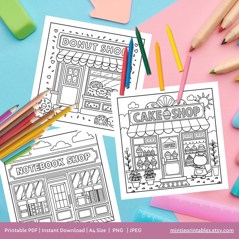 Kawaii Town Storefronts Coloring Pages, Cute Shop Coloring Book, Bold ...
