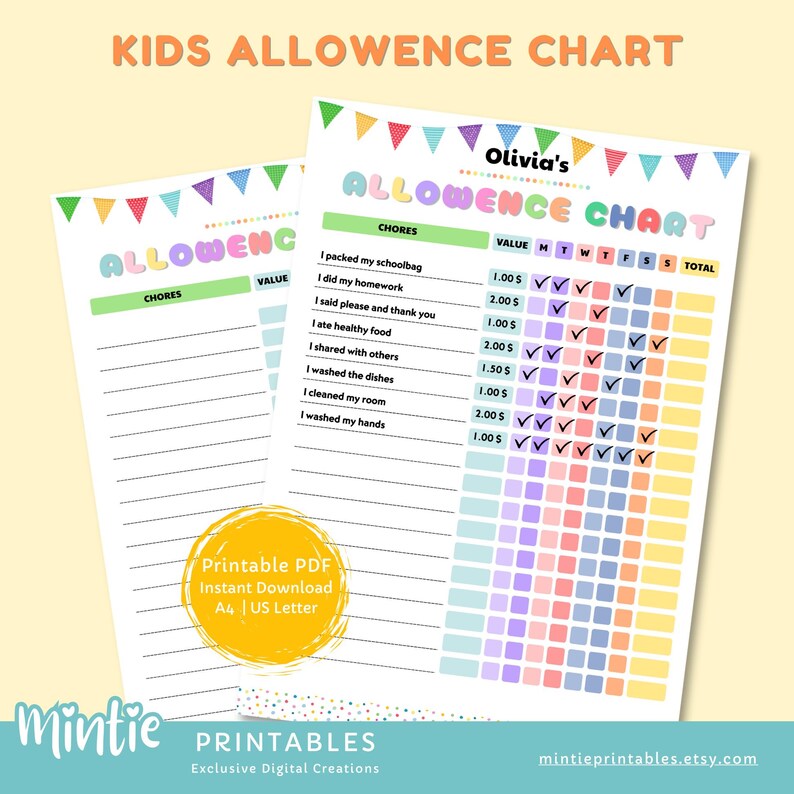 Allowance Tracker Kids | Earn Money Chart | Daily Weekly Allowance ...